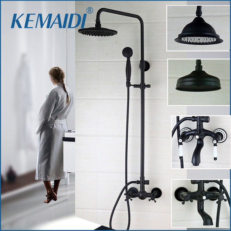 Jual KEMAIDI Bathroom Black Shower Set Wall Mounted 8" Rainfall Shower Faucet 3-functions 2 ...