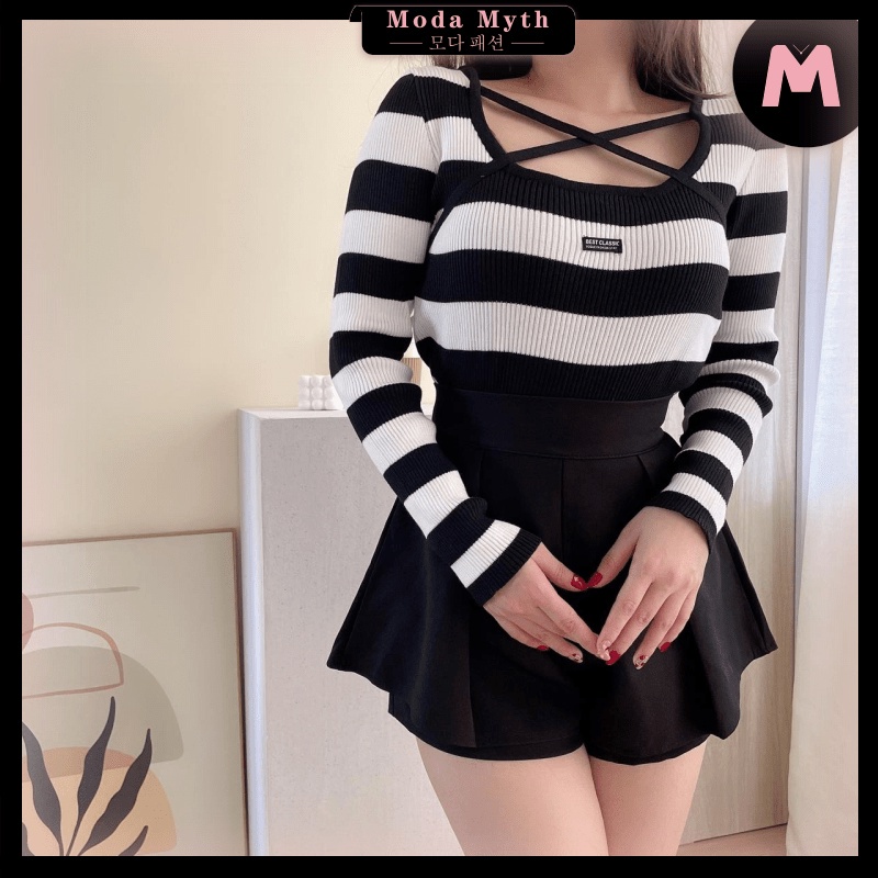 Jual MODAMYTH BT001 - ATASAN RAJUT LENGAN PANJANG WANITA IMPORT KOREAN STYLE TOP RAJUT STRIPES ...
