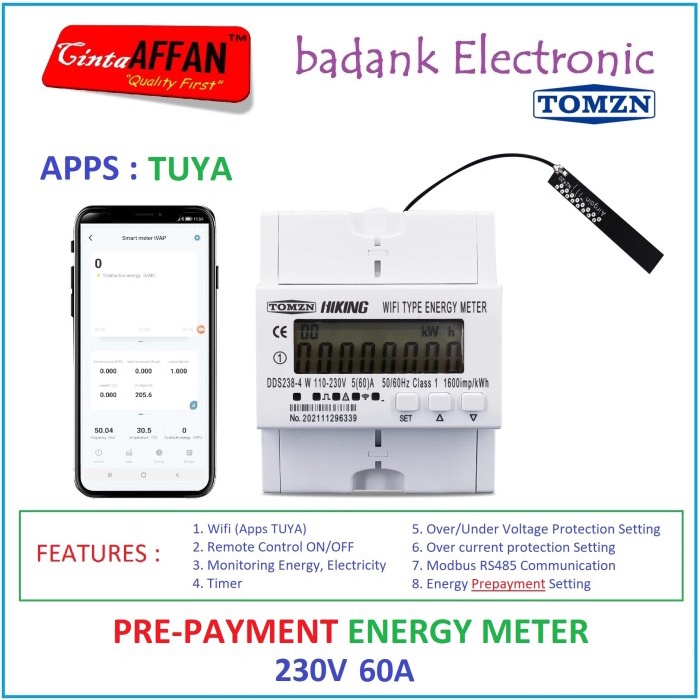 Jual 60A TUYA Single Phase WIFI Smart Energy Meter MODBUS kWh Pre ...