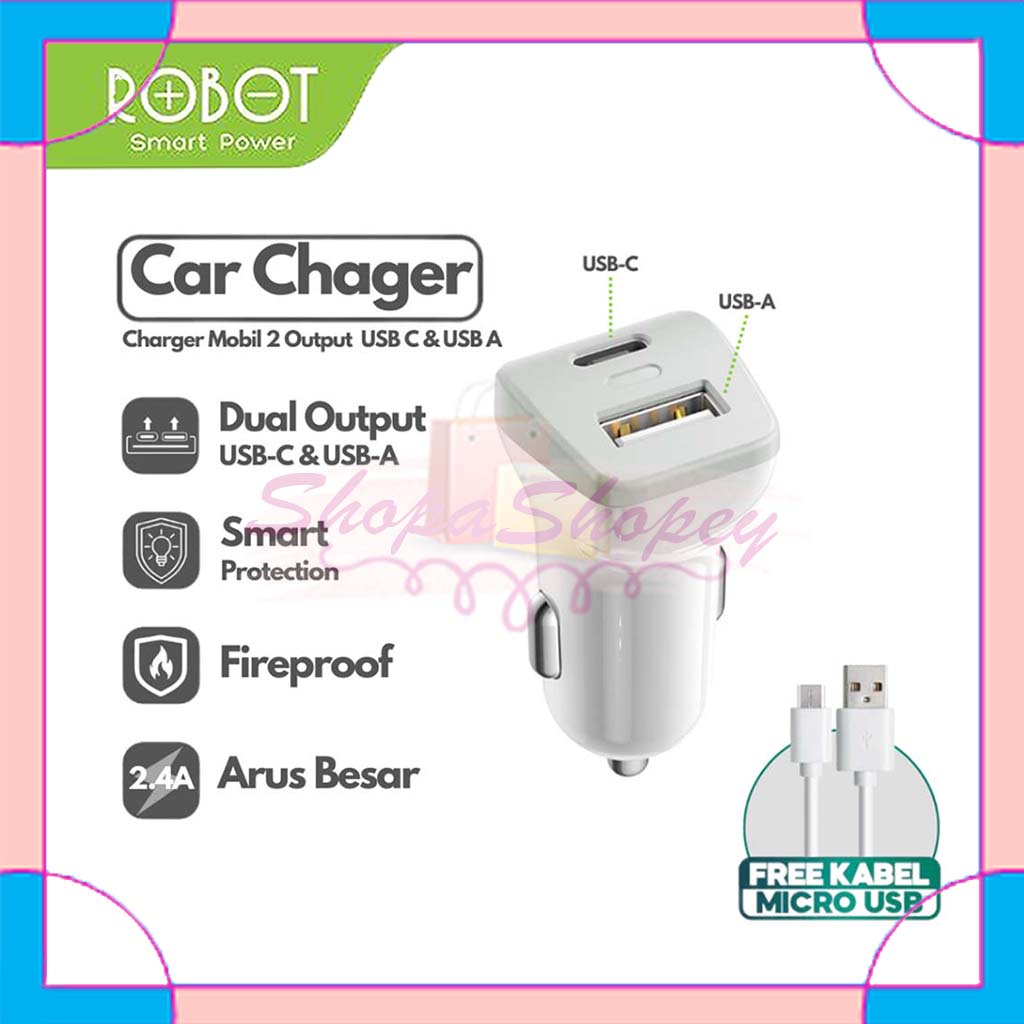 Jual ROBOT RT-C09 Car Charger Dual Port USB A & USB C 2.4A - Garansi ...