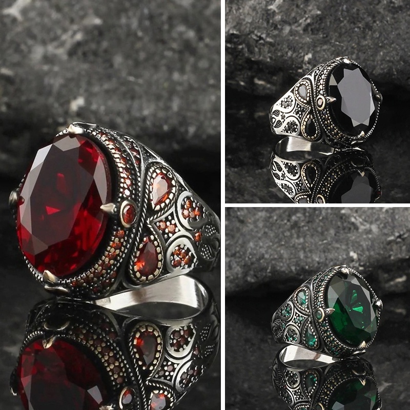 Jual Rubi Zamrud Cincin Jari Aksesori Fashion Pria Zirkon Kristal Hitam ...