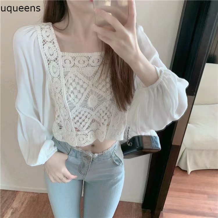 Jual Kasual Blouse Chiffon Lace Putih Baru Wanita Bubble Panjang lengan ...