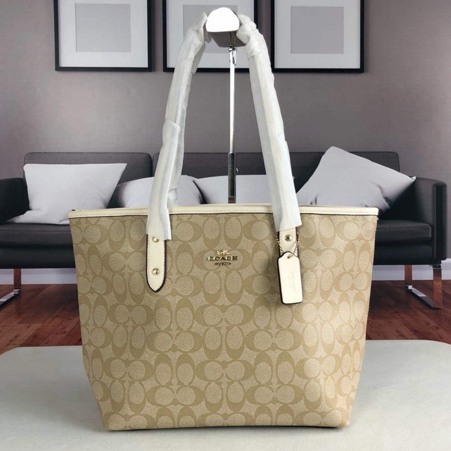 Jual Coach 58292 Signature Canvas City Zip Tote Bag Khaki Chalk White ...