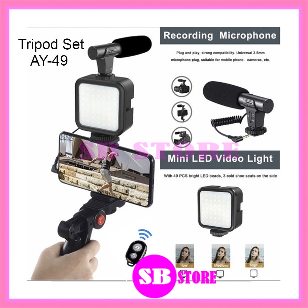 Jual Vlogging KIT Paket Vlog 5in1 AY49 LED Video Light Phone Holder Tripod Microphone Remote ...
