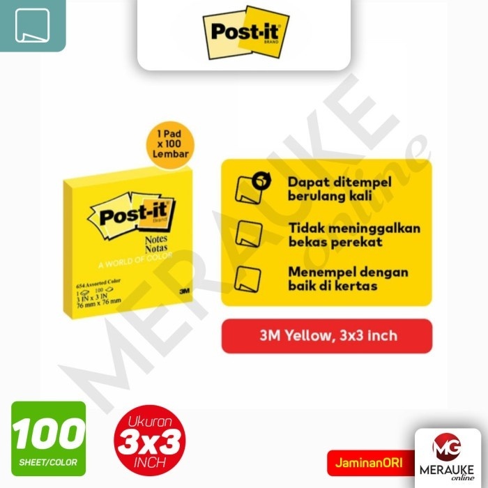 Jual 3M Post-it Sticky Notes 654 3"x3" 100 Lembar - Yellow | Shopee ...