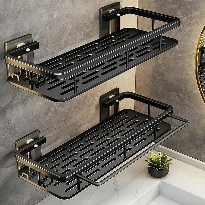 Jual Bathroom Shelves Black Rust-Proof Wall-mounted Non-punching ...