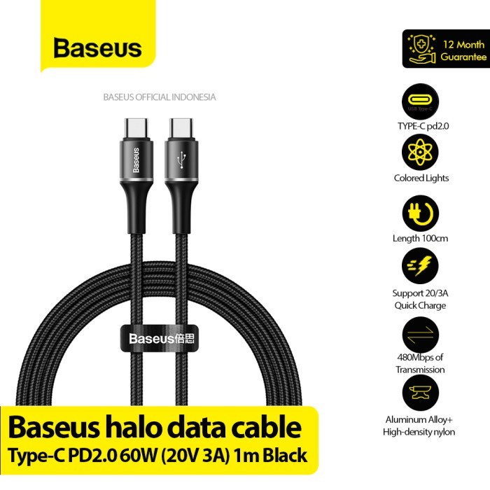 Jual BASEUS halo data cable Type-C PD2.0 60W (20V 3A) 2m / 1m - CATGH ...