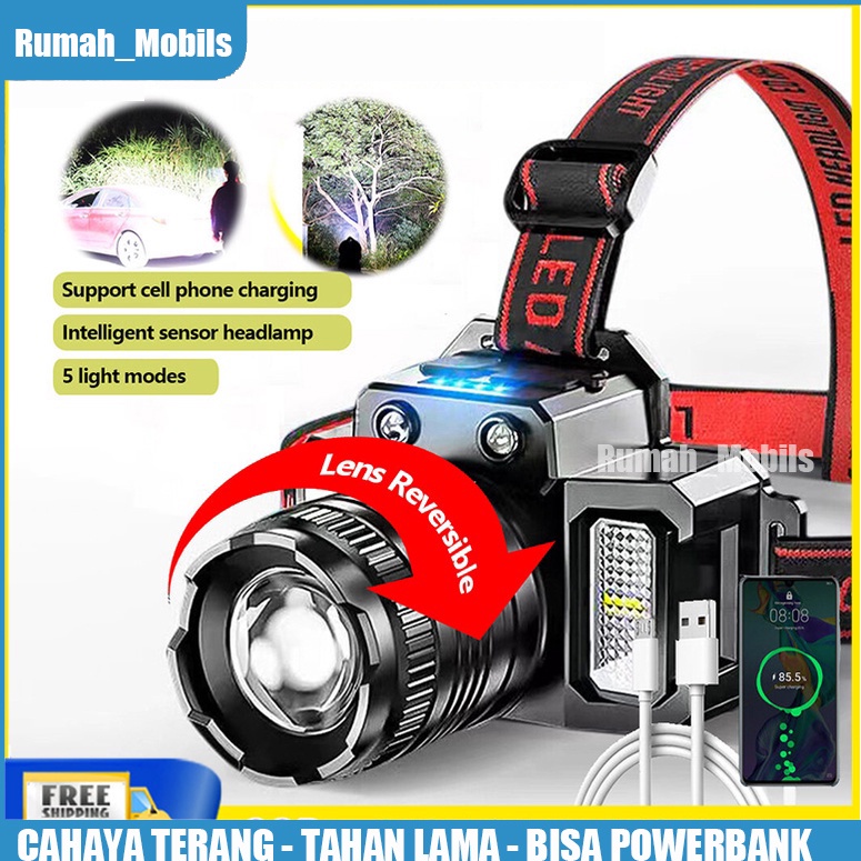 Jual Lampu Kepala LED Super Terang 5000 Lumen dengan Sensor Tangan USB Charging Senter Sorot ...