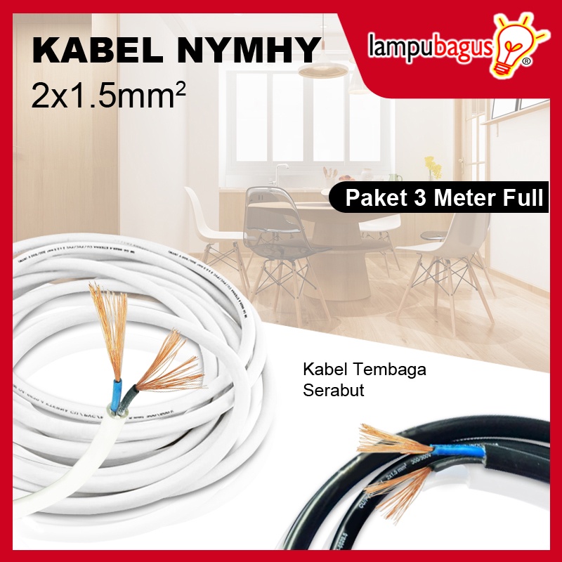 Jual Kabel Listrik Tembaga Serabut / Kabel NYMHY 2x1.5mm 3 Meter Kabel ...
