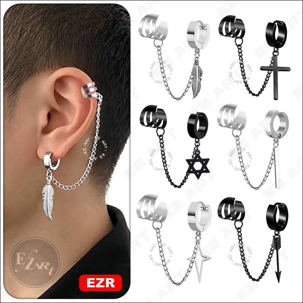 Jual EZR ANTING KPOP FASHION COWOK EAR CLIP SAMBUNGAN RANTAI SILVER ...