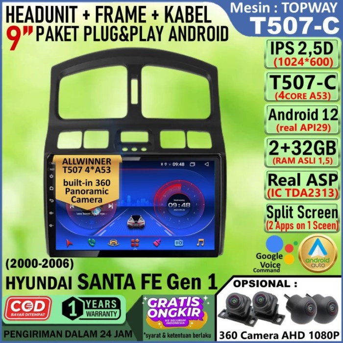 Jual Headunit Android T5 360 RAM 2/32GB + Frame 9 inch Santa Fe 2000 ...