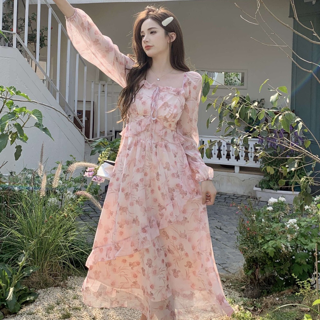 Jual 25OCLOCK - Gaun Bunga Sifon Kerah Persegi Gaya Gemuk Dan Lembut ...