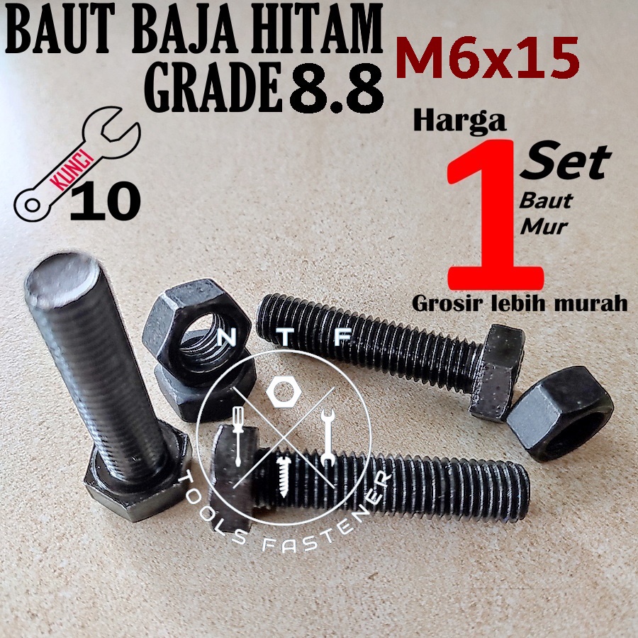 Jual Baut Mur Hex M6x15 Panjang 1.5cm Besi Baja Hitam Grade 8.8 Kunci ...