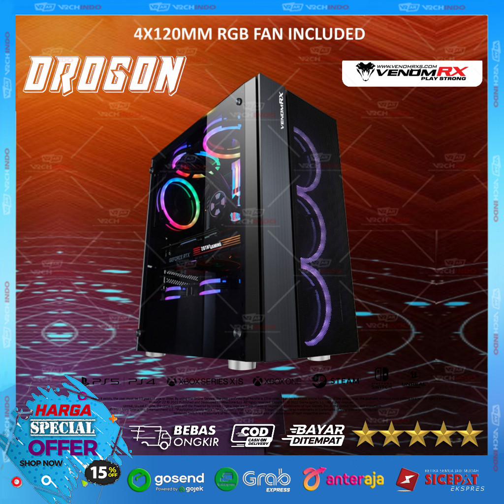 Jual Casing PC VenomRX Drogon ATX | Tempered Glass + Free 4 Fan RGB ...
