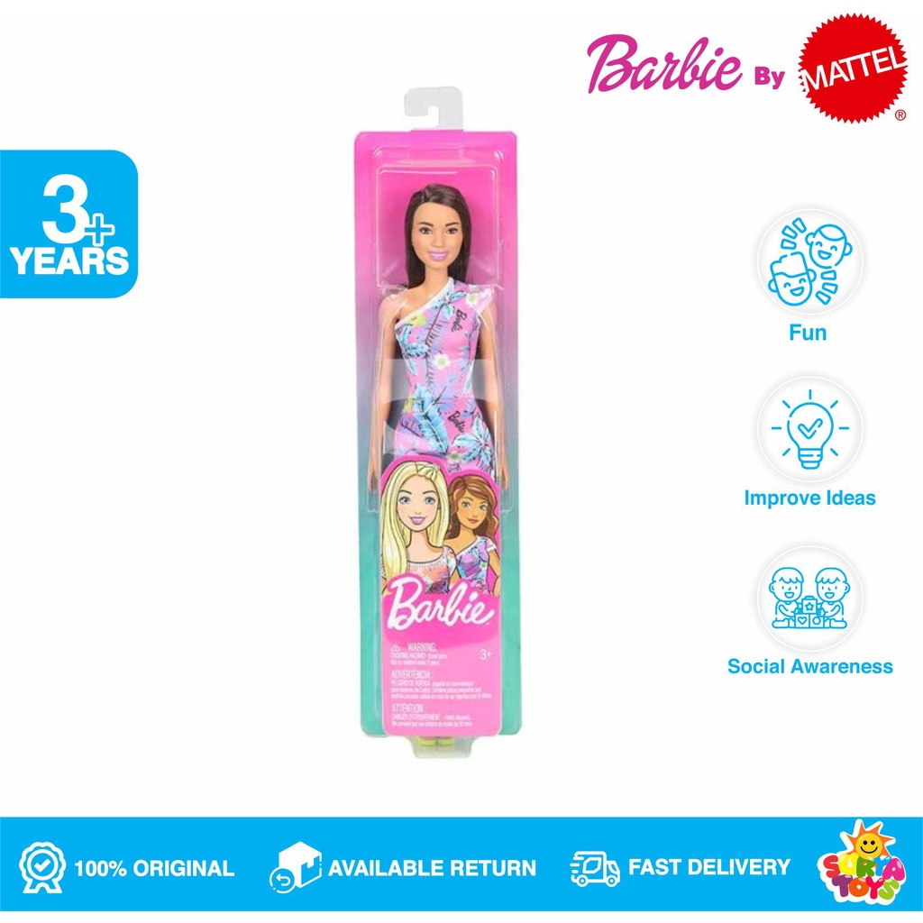 Jual Barbie Basic - Pink Flower Dresses and Black Hair Doll | Shopee ...