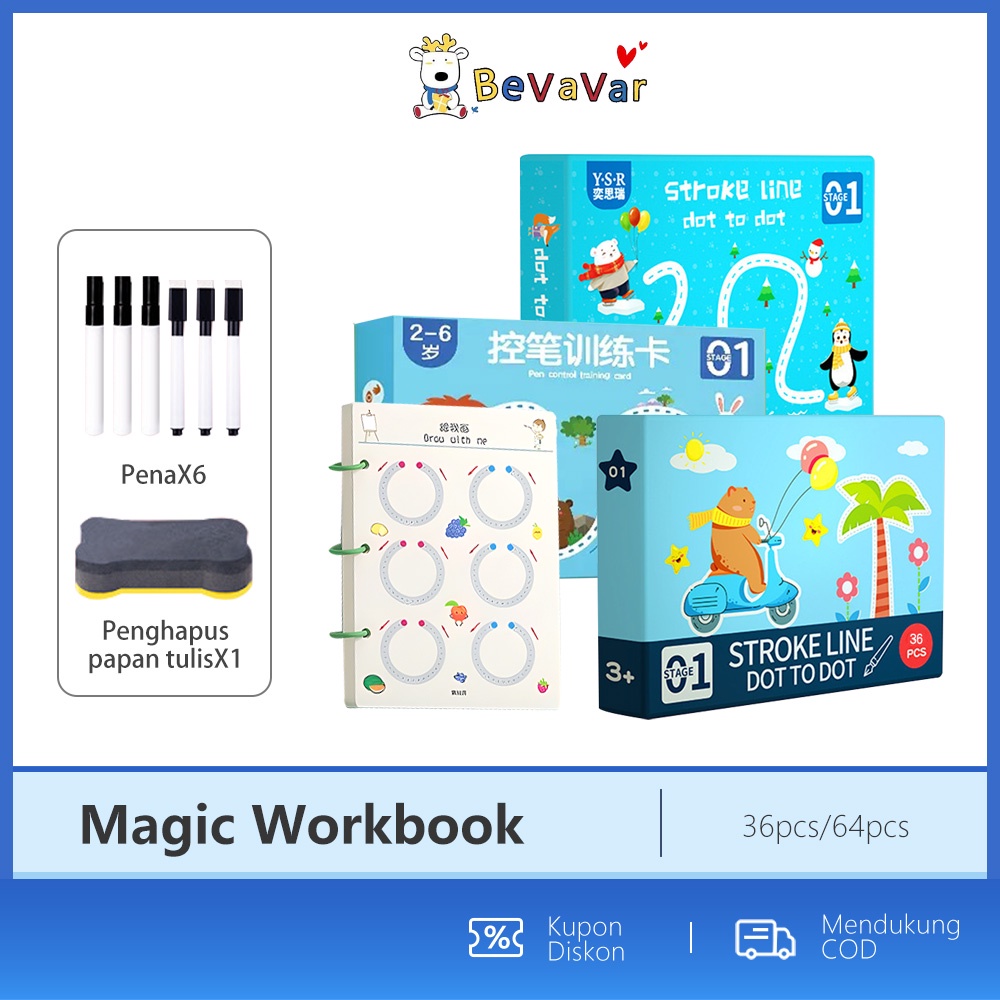 Jual BEVAVAR 64 Pages Reusable Magic Workbook / Wipe and Clean Book / Buku Aktivitas Anak TK ...