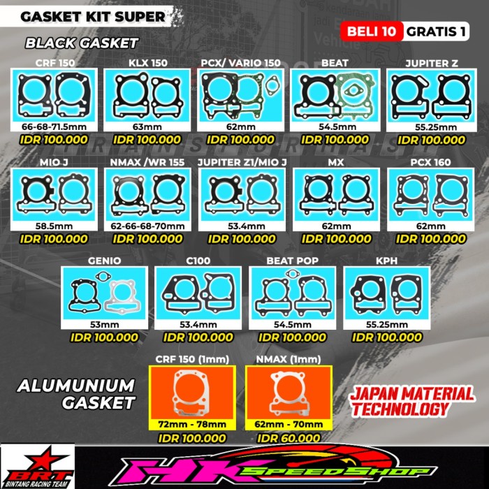 Jual GASKET KIT BRT PAKING BLOK / HEAD BLACK GASKET NMAX AEROX LEXI R15 ...