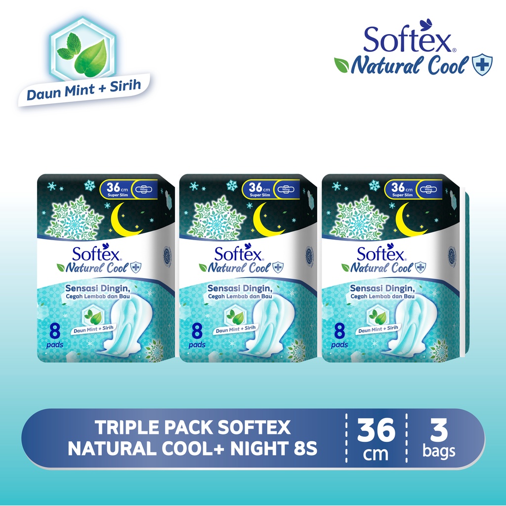 Jual Softex Natural Cool + Super Slim 36cm 8s x 3 Packs - Pembalut Cool / Dingin Malam | Shopee ...
