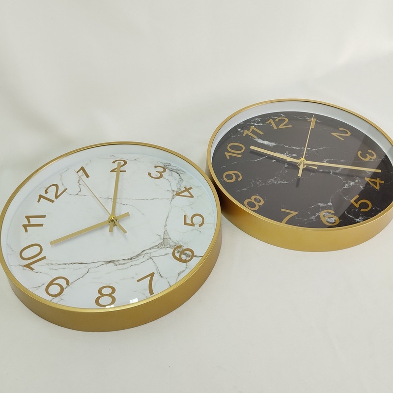 Jual Jam Dinding 30CM Bulat Besar Gold Motif Marble Hitam Putih ...