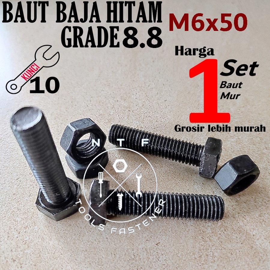 Jual Baut Mur Hex M6x50 Panjang 5cm Besi Baja Hitam Grade 8.8 Kunci 10 Pitch 1.00 M6 / Baut Mur ...