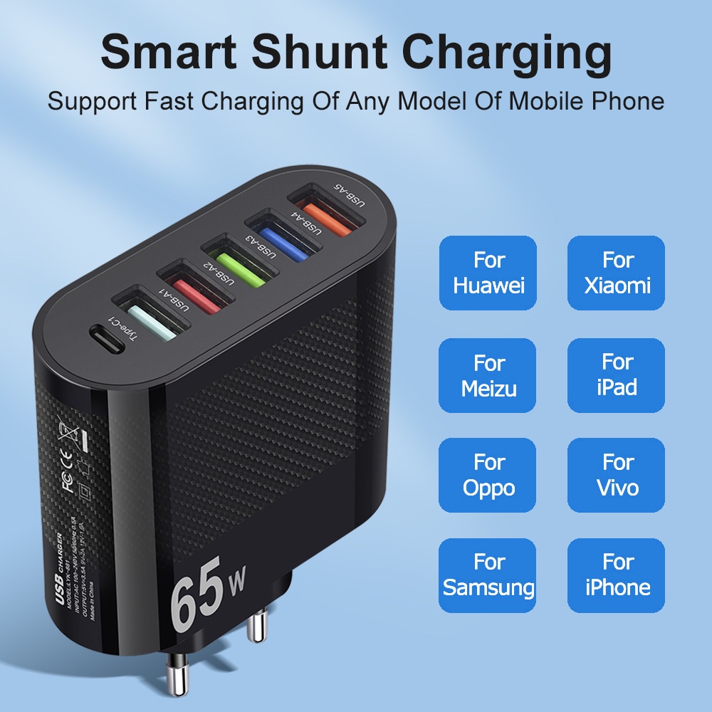 Jual 65W 5USB Adaptor Charger Fast Charging USB Type C Universal Usb ...