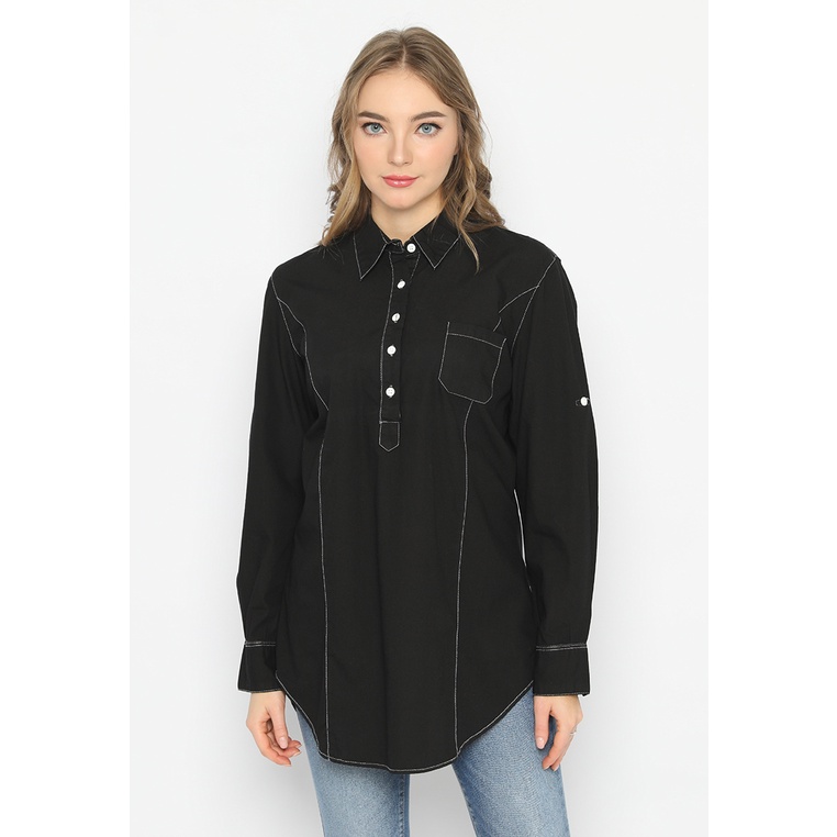 Jual Mobile Power Ladies Long Sleeve Combination Blouse - Black O8219 ...