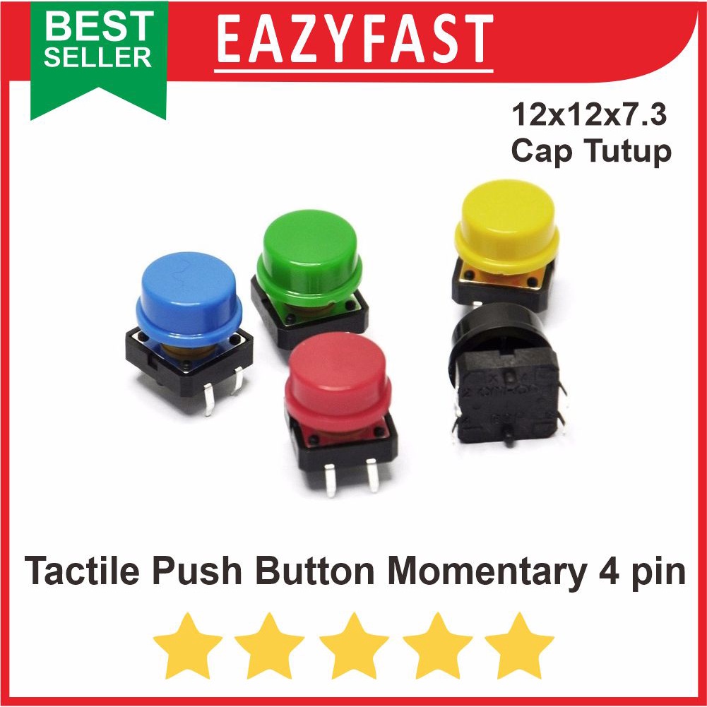 Jual Tacticle Push Button Momentary 4 Pin Besar 12x12 x7.3mm + Cap ...