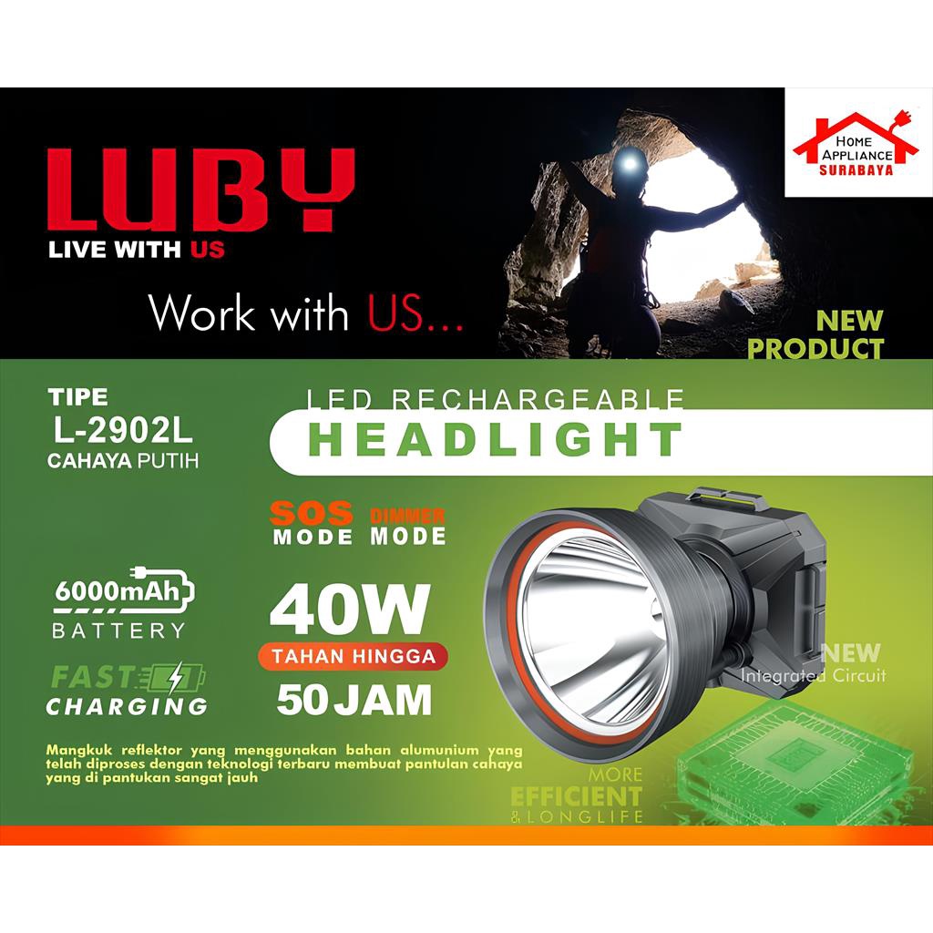 Jual LUBY Senter Kepala LED Cas - 40W / 40 Watt 6000mAh Tahan 50 Jam L-2902L Cahaya Putih / L ...