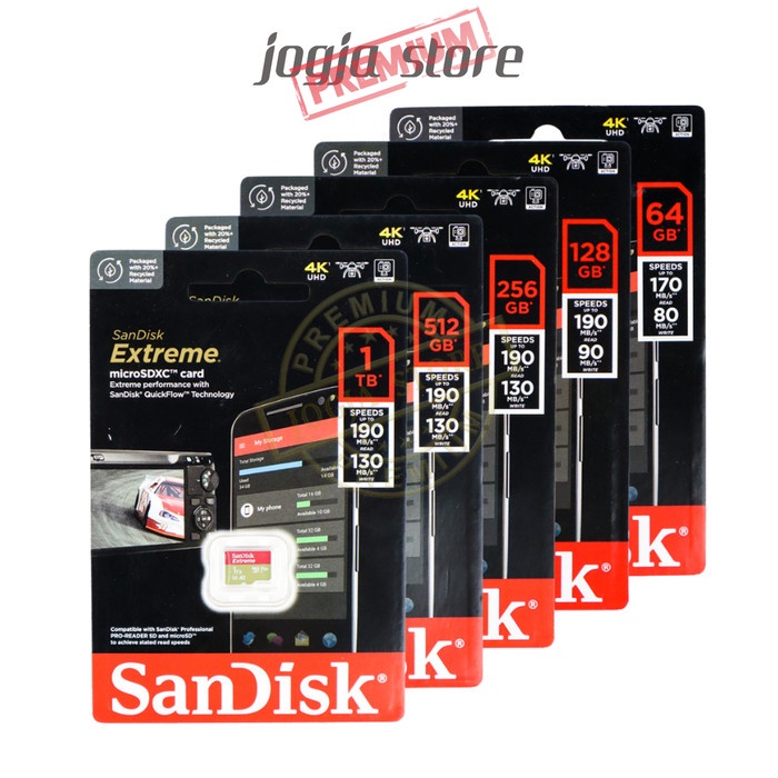 Jual SanDisk MicroSD Extreme V30 A2 U3 4K (190MB/s) 128GB 256GB 512GB 1TB | Shopee Indonesia