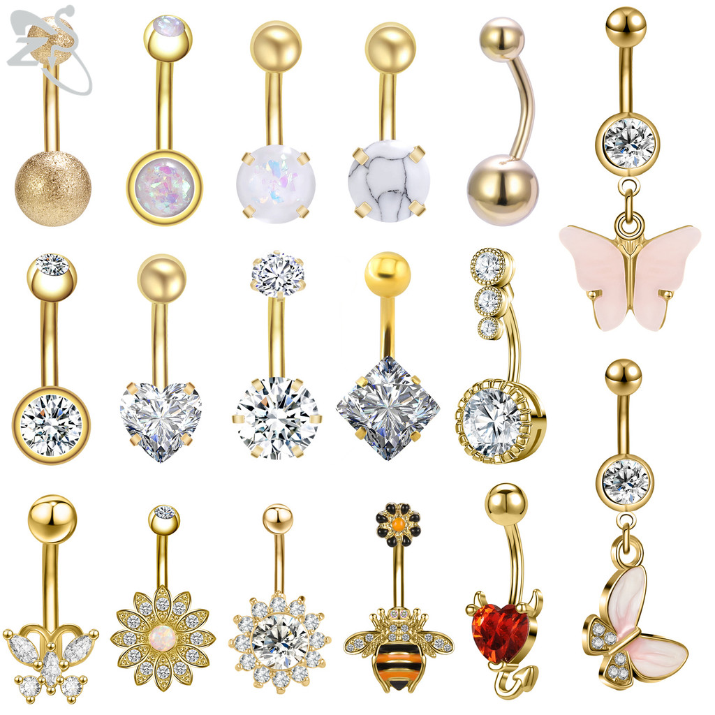 Jual ZS 1 Piece Gold Color Stainless Steel Belly Ring Flower Heart CZ ...