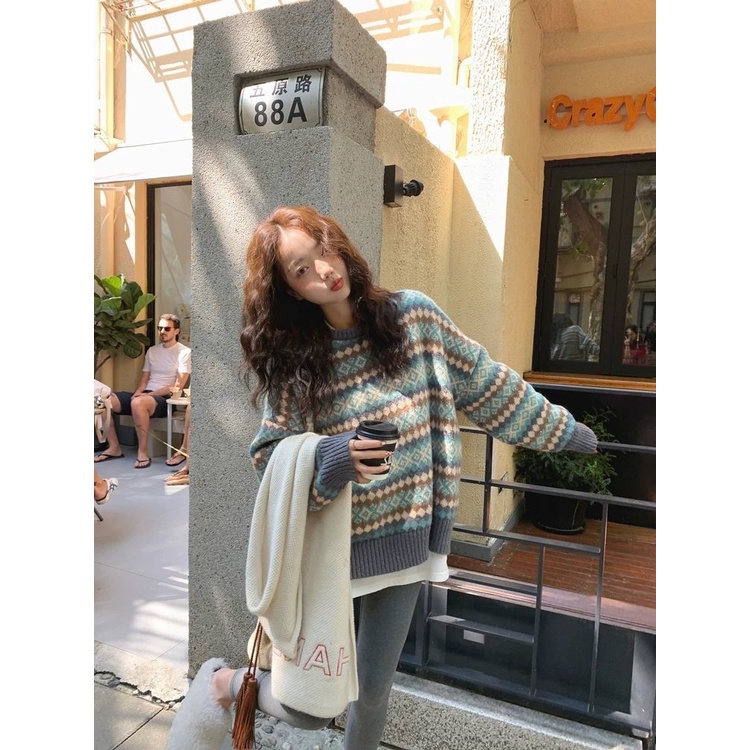 Jual Sweater Pullover Bergaris Jacquard Retro Gaya Malas Atasan Jaket ...