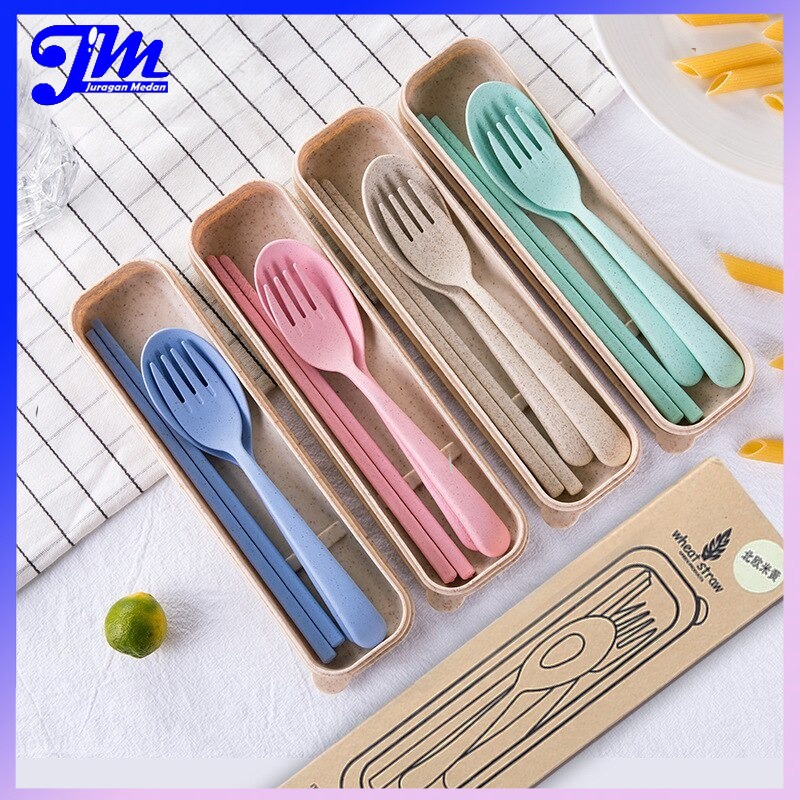 Jual Sendok Set Garpu Sumpit Kotak Bahan Jerami Sendok Set 3 in 1 ...
