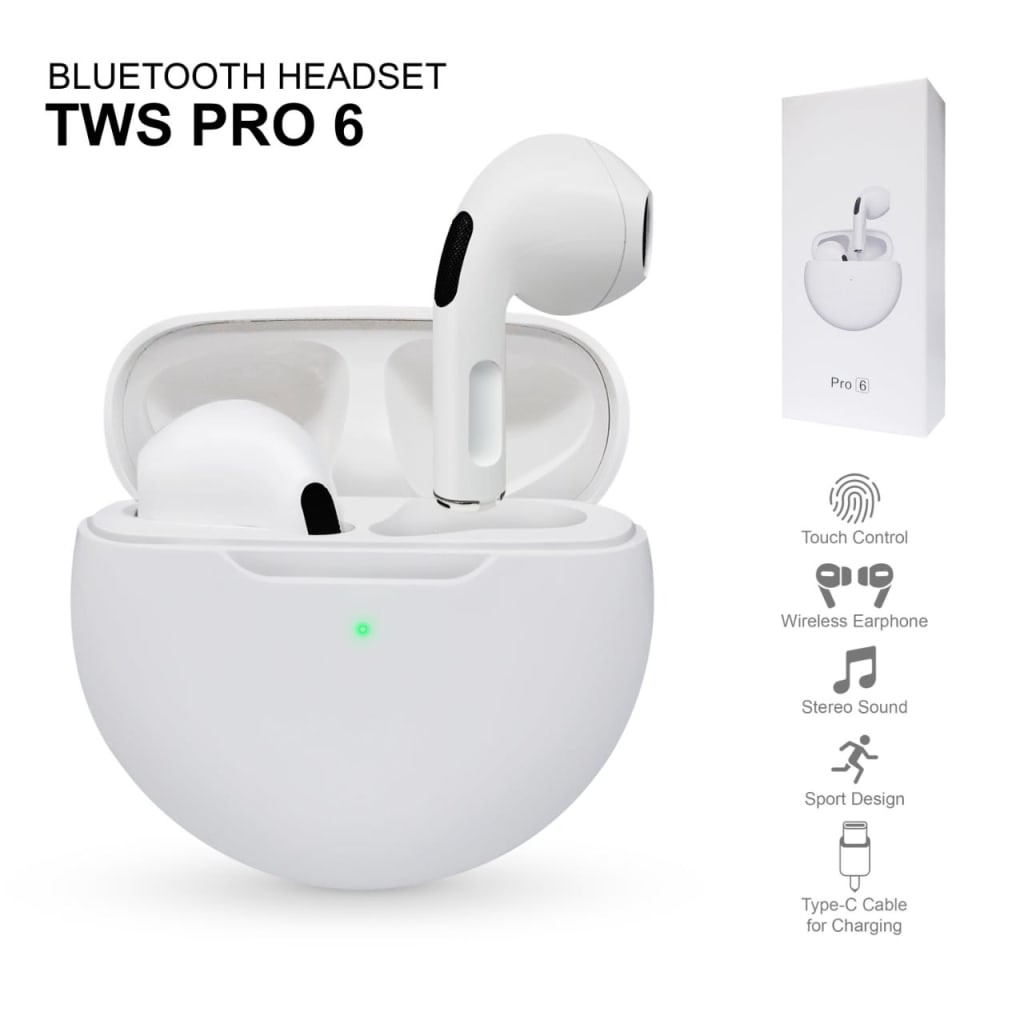 Jual COD Headset Bluethooth TWS Pro 6 Earphone Mic HiFi Stereo Touch ...
