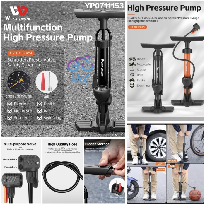 Jual WEST BIKING 153 High Pressure Gauge Pump Pompa Sepeda Motor Mobil 160PSI YP0711153 160PSI ...