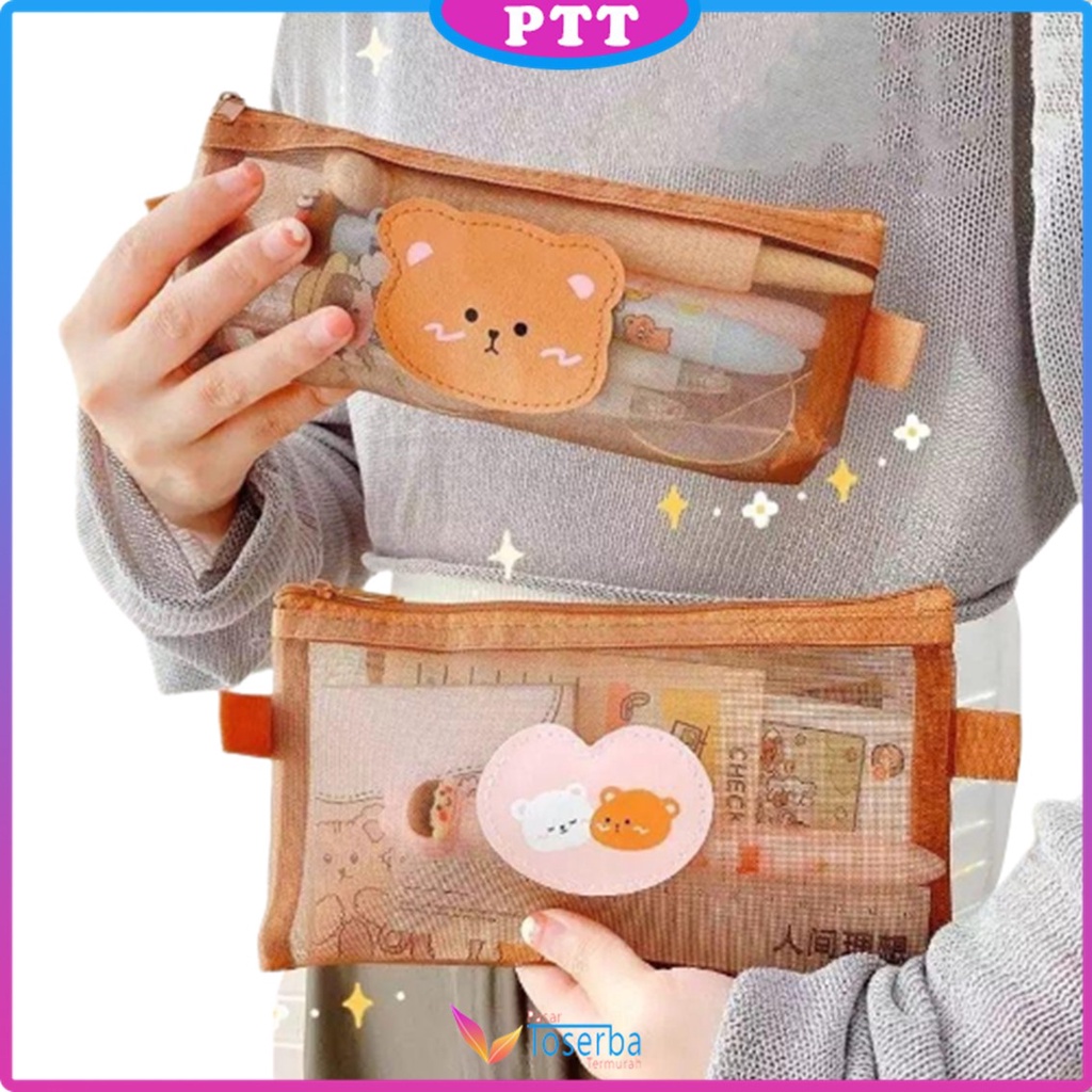Jual Tempat Pensil Jaring Zipper Coklat Motif Beruang Dompet Pensil ...