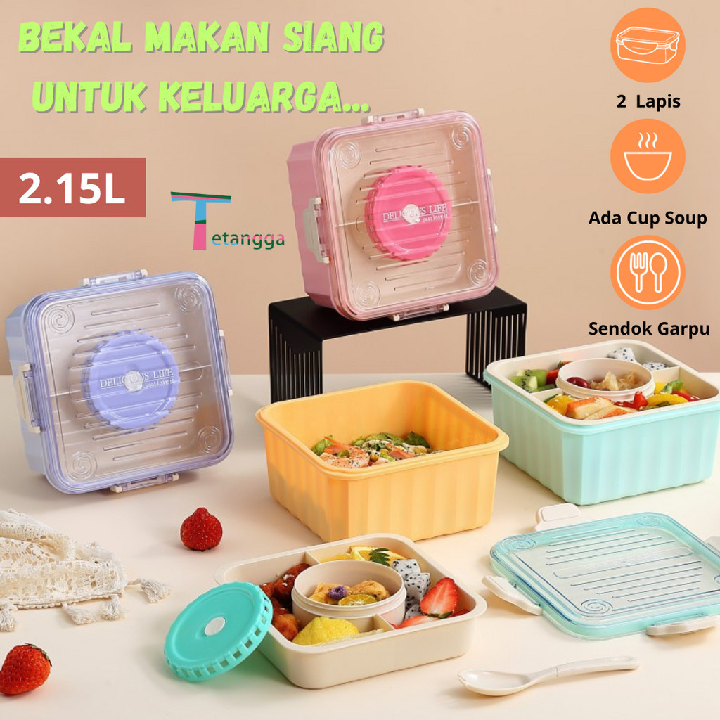 Jual Lunch Box Persegi Soup 2 Tingkat Kotak Bekal Warna Pastel