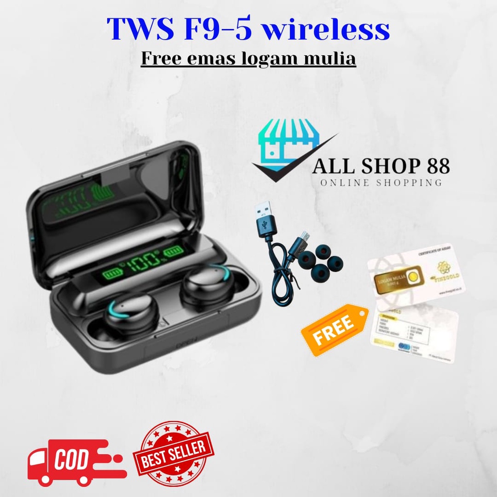 Jual SSAALLEE TWS F9-5 FREE EMAS LOGAM MULIA - HEADSET BLUETOOTH WIRELESS F9-5 + POWERBANK 3500 ...