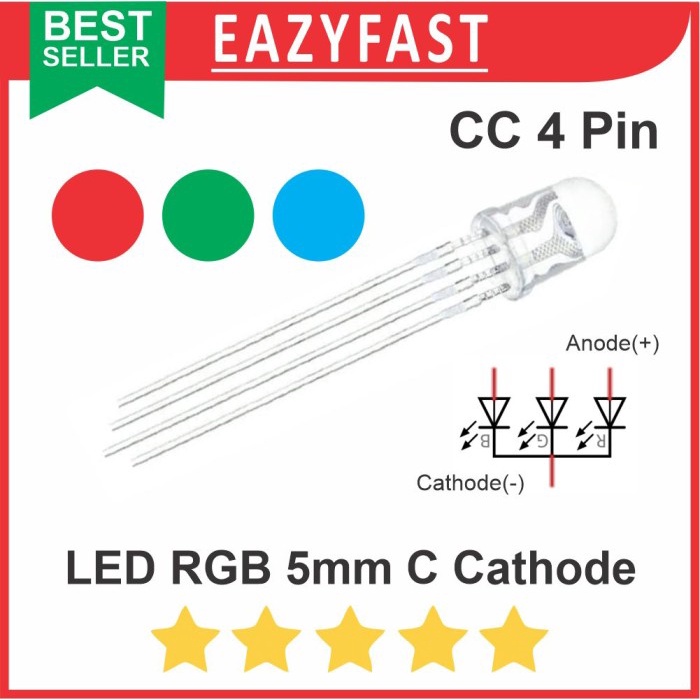 Jual LED 5mm RGB CC 4P Common Cathode Katoda 3 Warna 4 Kaki Pin Clear ...