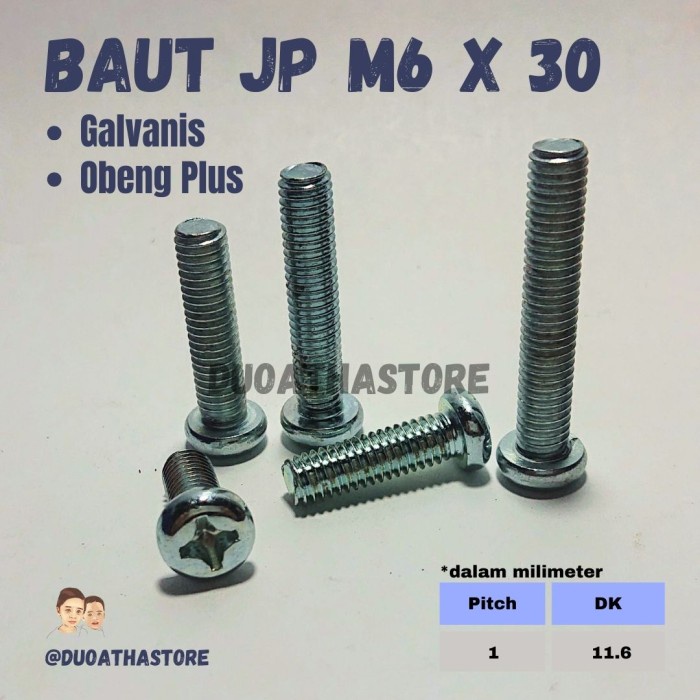 Jual M6x30 Baut JP Galvanis Baut JP M6 x 30 Pan Head Obeng Plus | Shopee Indonesia