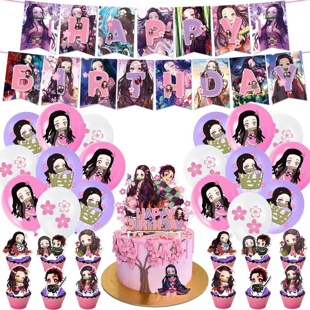 Jual Pink Nezuko Birthday Party Supplies Latex Balloons Spirals Paper ...