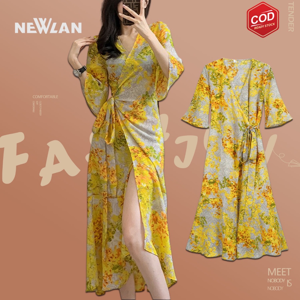 Jual Newlan Qz087 Yellow Flower Kimono Wrap Dress Korean Style Floral