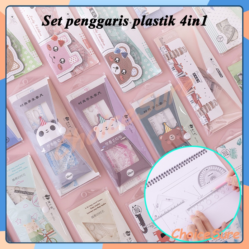 Jual Satu Set ( 4 PCS ) Penggaris Set / Set penggaris plastik 4in1 ...