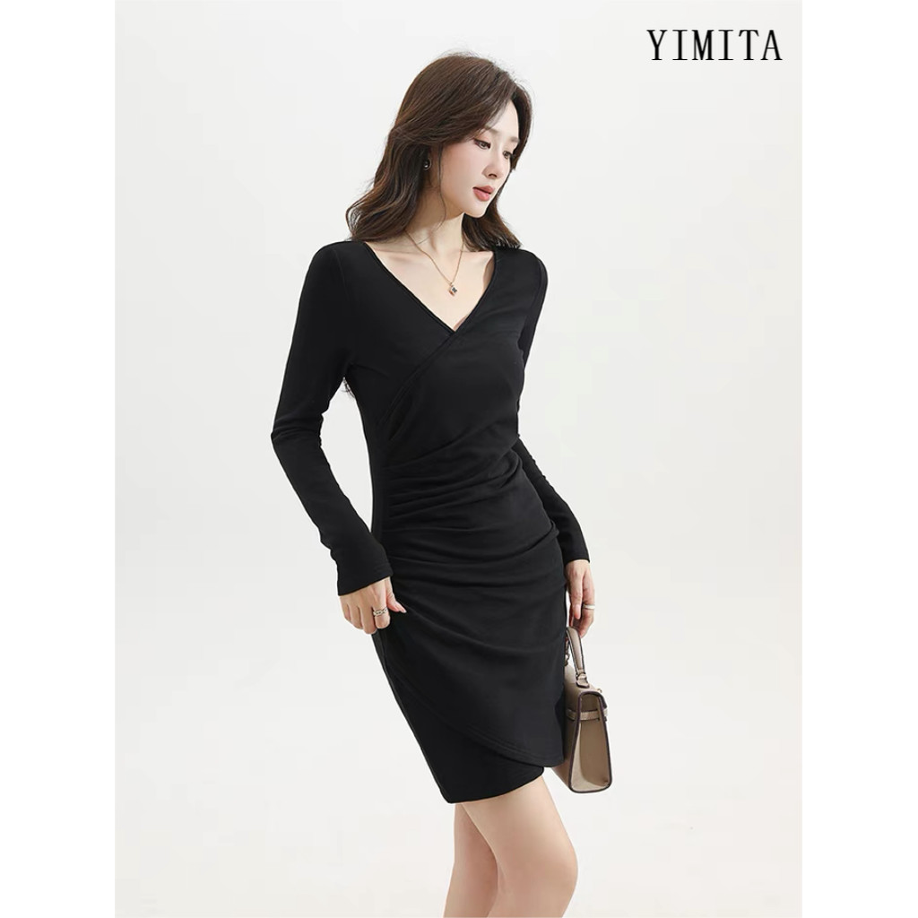 Jual YIMITA mini dress hitam wanita korean style lengan panjang press ...