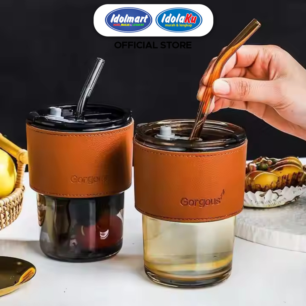 Jual IDOLMART Mug Kaca Lapis Kulit 400 ML Gelas Kaca Anti Tumpah ...