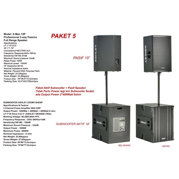 Jual Paket subwoofer aktif ASHLEY 18 & 1 unit speaker pasif ashley 15 ...