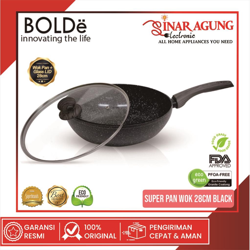Jual [COD] WOK PAN BOLDE SUPER PAN 28 CM LID GLASS (PFOA FREE / BLACK ...
