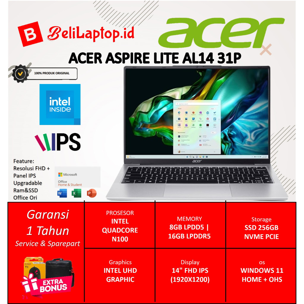 Jual Acer Aspire Lite AL14 31P Intel N100 RAM 16GB DDR5 512GB SSD WUXGA ...