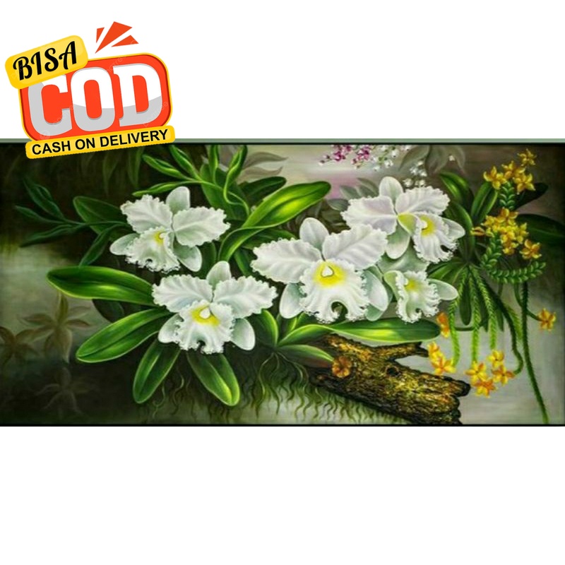 Jual hiasan dinding lukisan cetak bunga anggrek putih plus bingkai ...