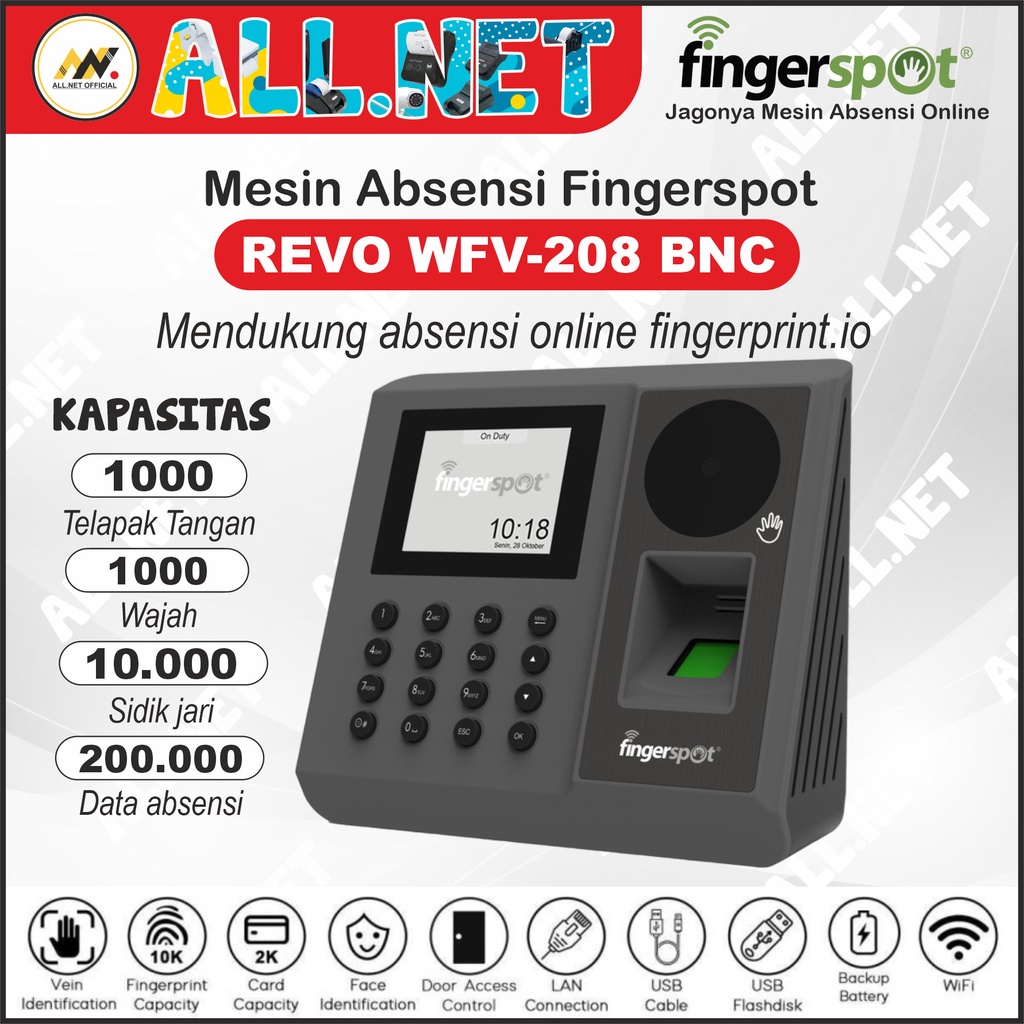 Jual Mesin Absensi Wifi Fingerspot Revo WFV 208BNC scan absen sidikJari ...