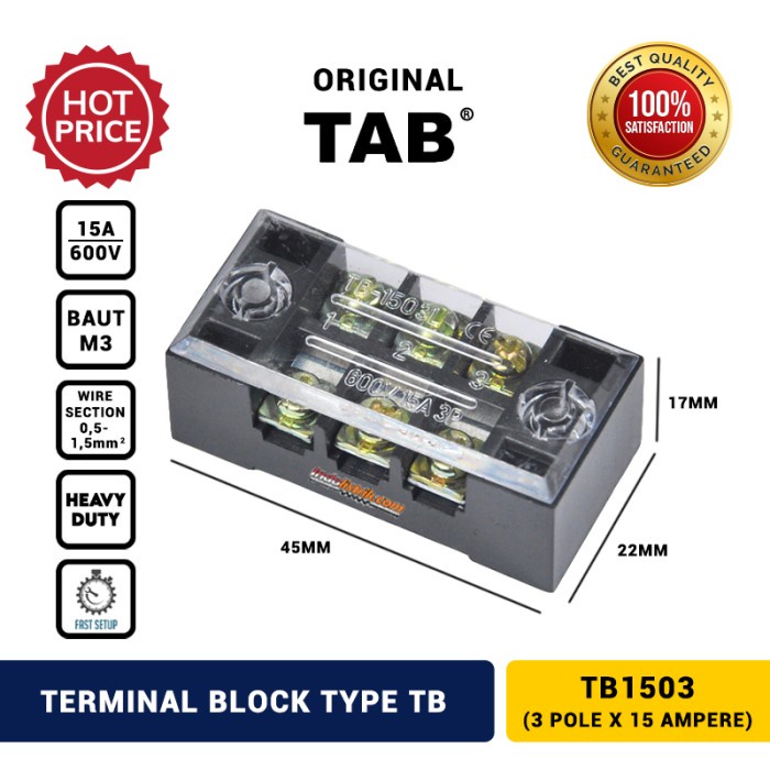 Jual Terminal Blok Kabel 15A x 3Pole Terminal Block TB1503 TAB -DN12 ...
